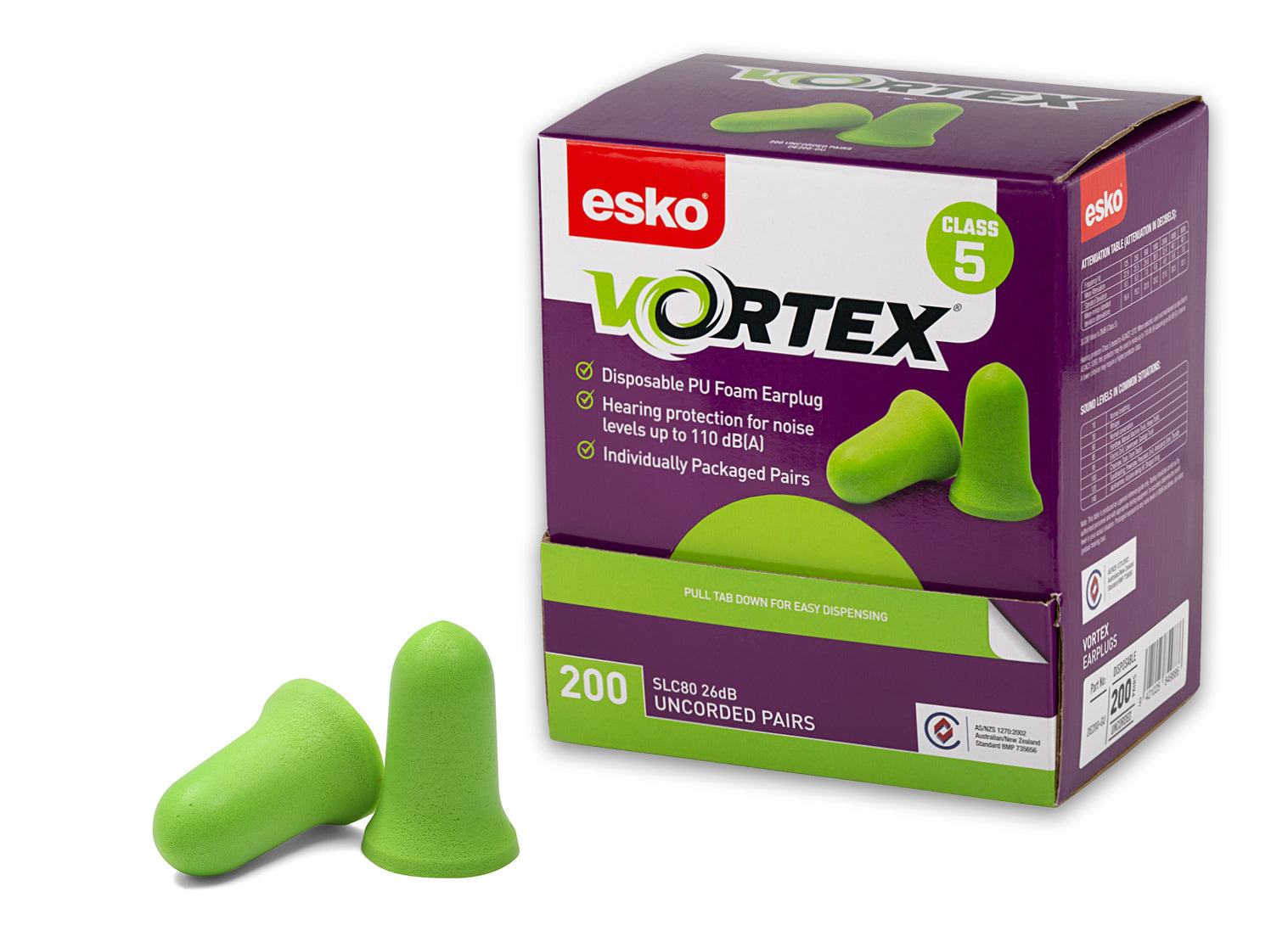 GREEN Vortex Bell Shaped Earplugs, Class 5 - 26dB, 200 pair dispenser ...