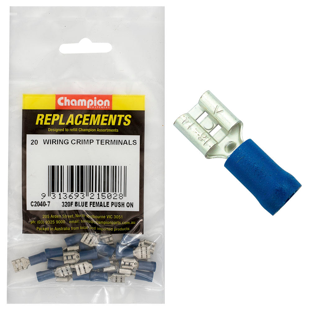 Champion Blue Female Push-On Spade Terminal -20pk – Engineers Collective