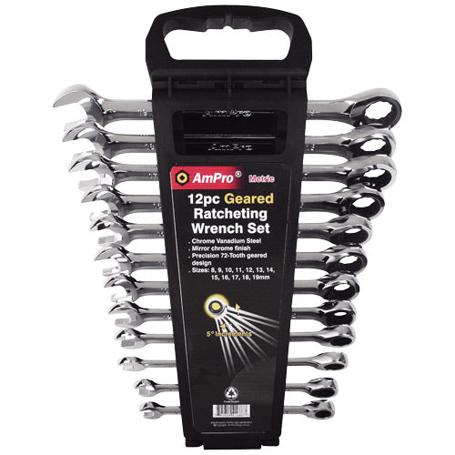 AmPro Geared Wrench Set Mirror Finish 72 Tooth 12pc 8-19mm – Engineers ...